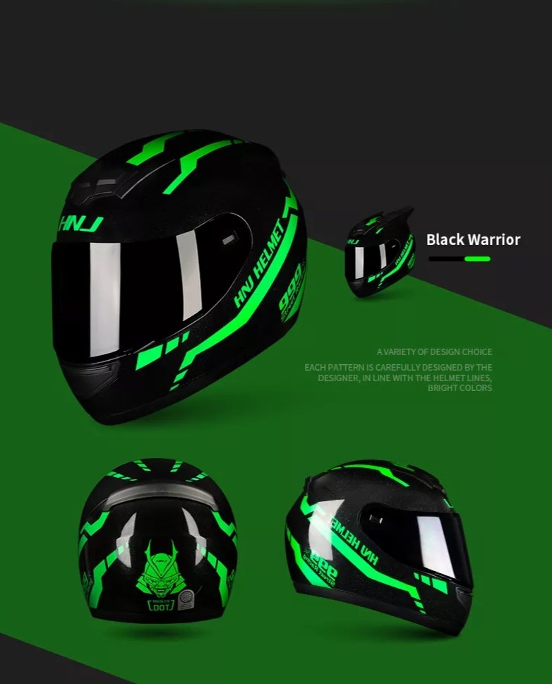 Motorcycle Helmet | Green, Black Warrior Horns & Blue Visor