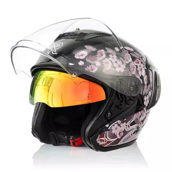 Motorcycle Helmet | Black, Pink Flower R05 | Kings