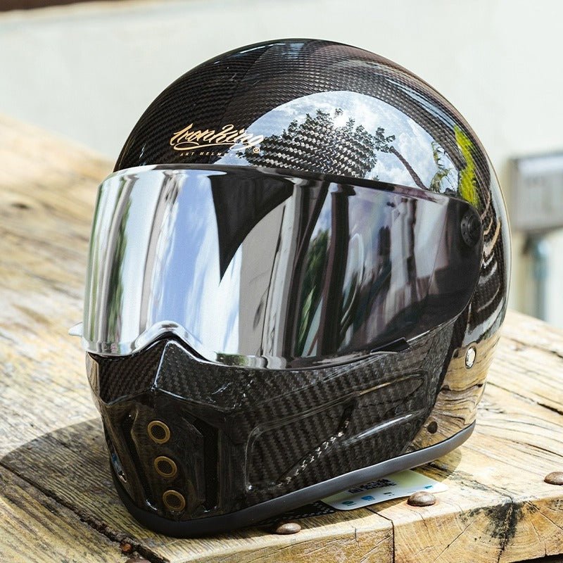 Carbon Fiber Iron King Motorcycle Helmet with Blue Visor