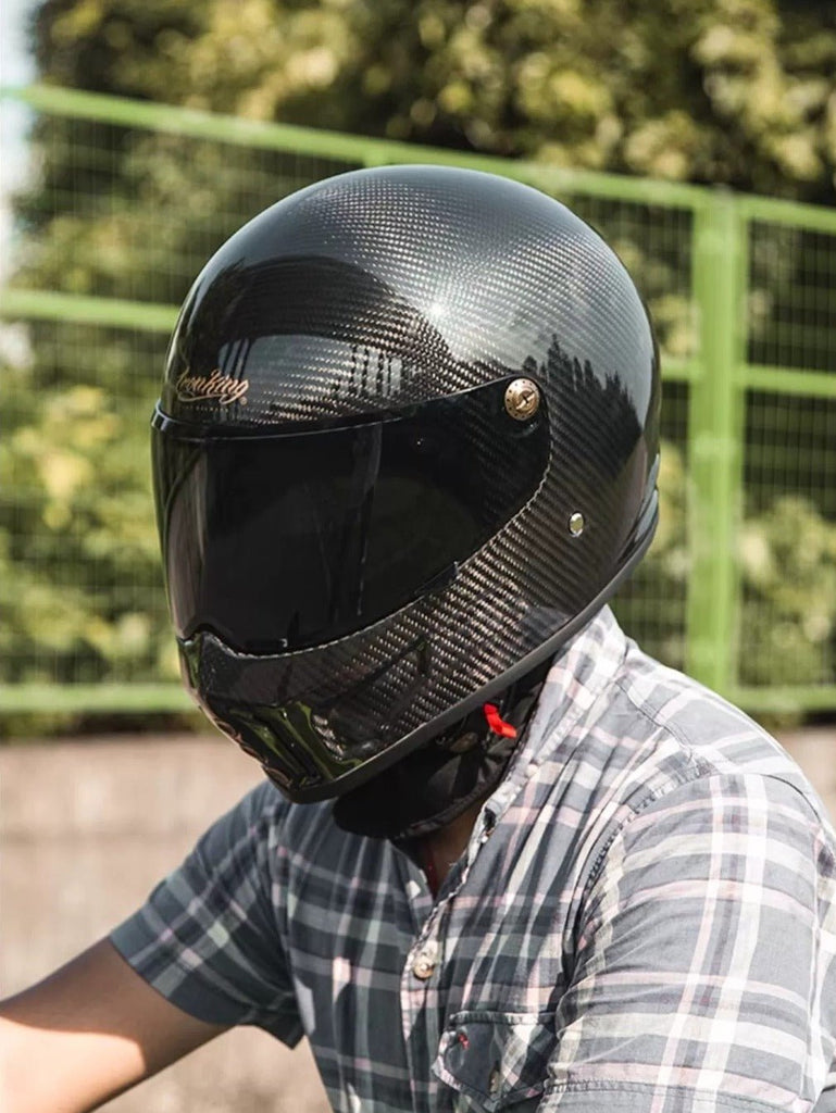 Carbon Fiber Iron King Motorcycle Helmet with Blue Visor