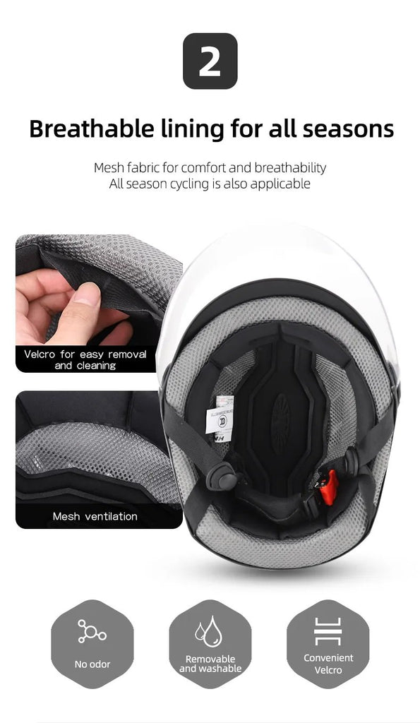 Half Face Motorcycle Helmet, White with Large Clear Visor