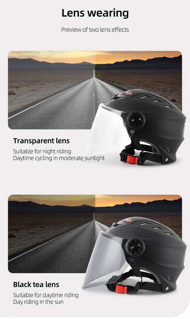 Half Face Motorcycle Helmet, White with Large Black Visor