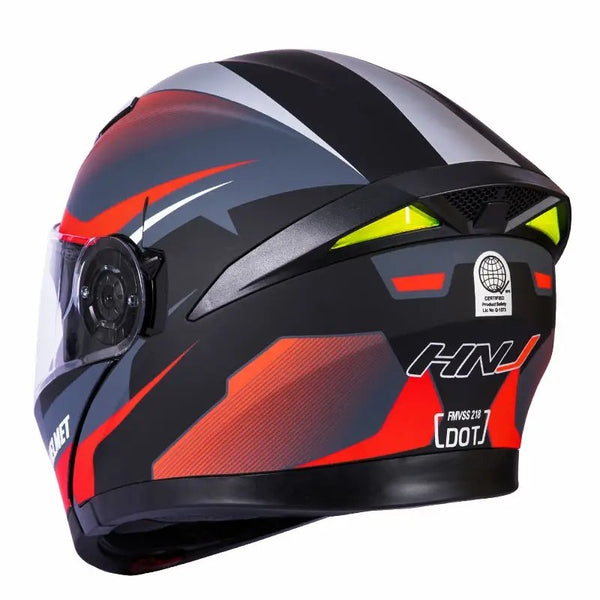 Matte Black, Red & Silver Modular HNJ Motorcycle Helmet with Black Vis