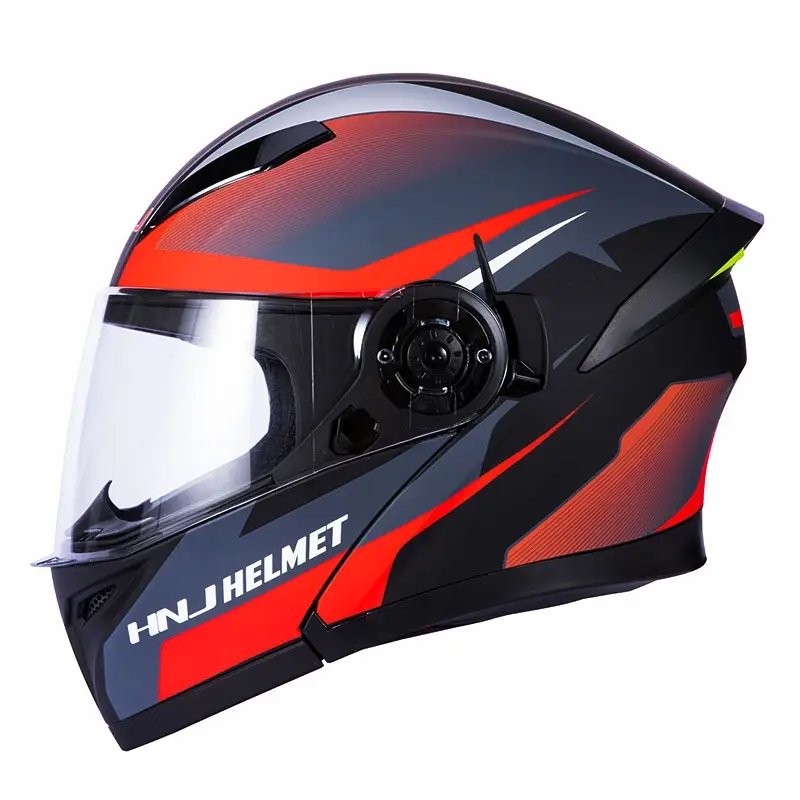 Matte Black, Red & Silver Modular HNJ Motorcycle Helmet with Black Vis