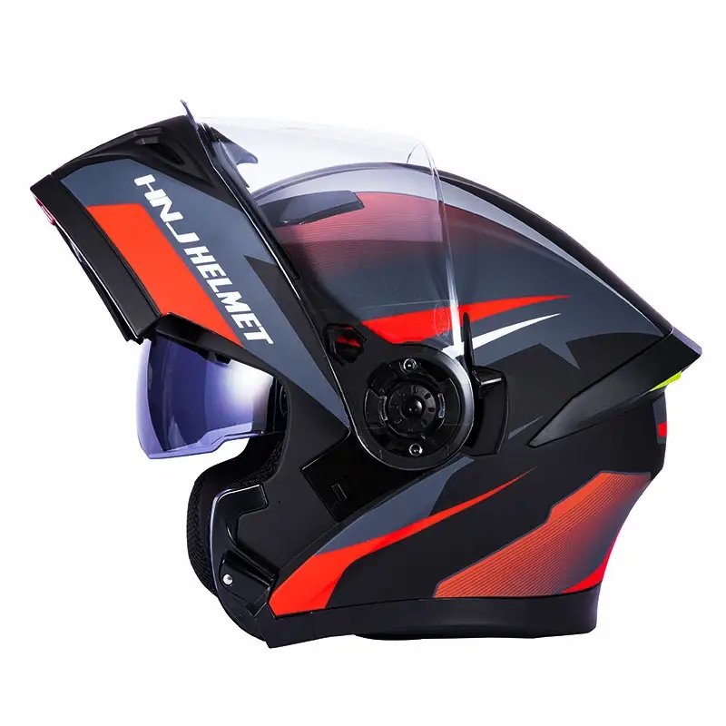 Matte Black, Red & Silver Modular HNJ Motorcycle Helmet with Black Vis