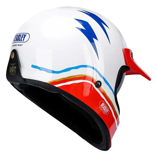 Beasley Motorcycle Helmet | Red, White, Blue Lightning