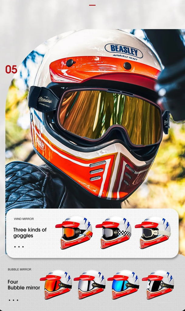 Beasley Motorcycle Helmet | Red, White, Blue Lightning