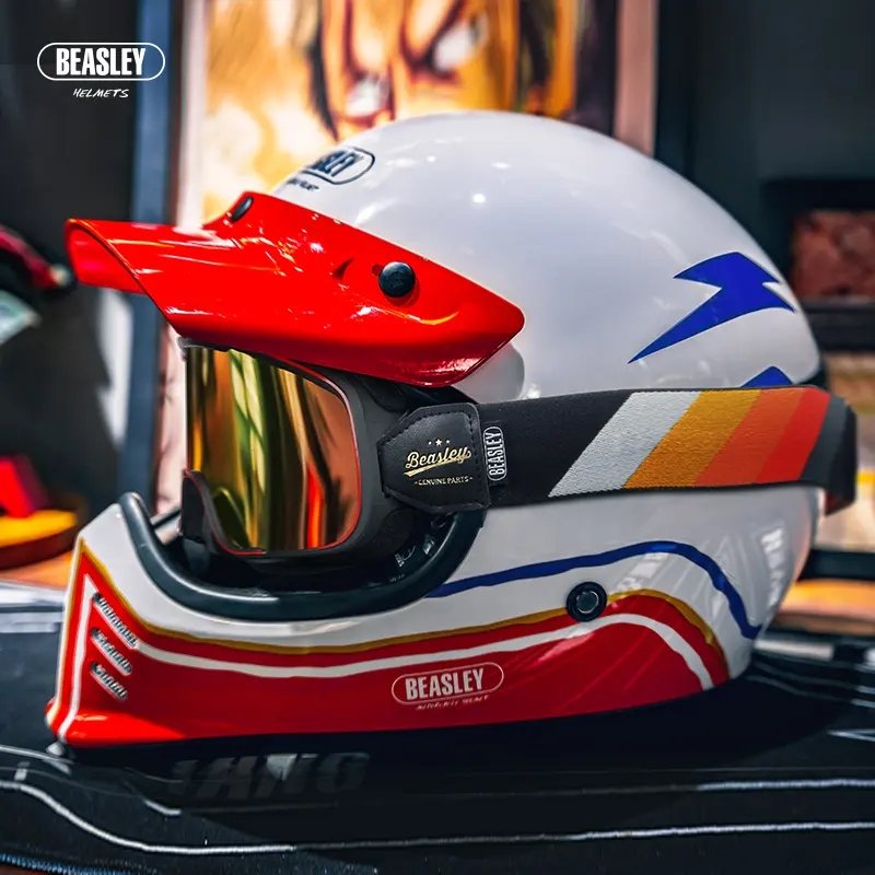 Beasley Motorcycle Helmet | Red, White, Blue Lightning