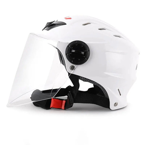 Half Face Motorcycle Helmet, White with Large Black Visor