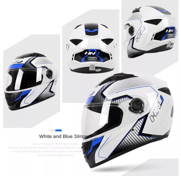 Motorcycle Helmet | White, Black, Blue with Clear Visor