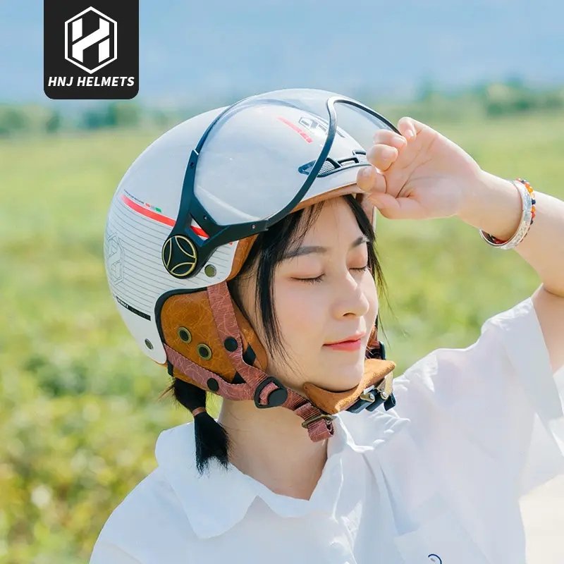 White, Black & Red Striped Half Face Retro Space Motorcycle Helmet