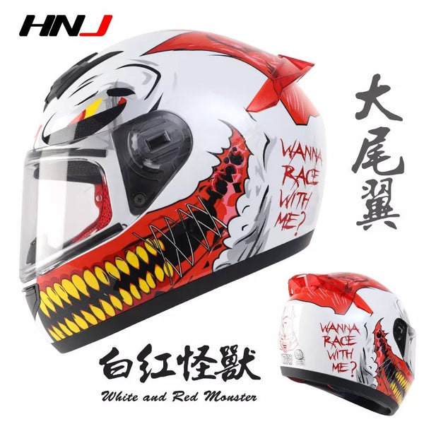 Motorcycle Helmet, White & Red Monster with Black Windscreen