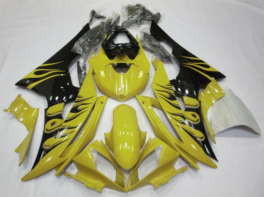 Yamaha R6 Fairings (2008-2016) Yellow, Black Flame | Kings