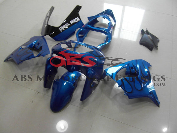 Kawasaki Ninja ZX9R Fairings (1998-1999) Blue, Black Flames